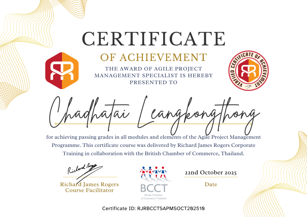 Verified Certificate of Achievement: Chadhatai Leangkongthong, Agile ...
